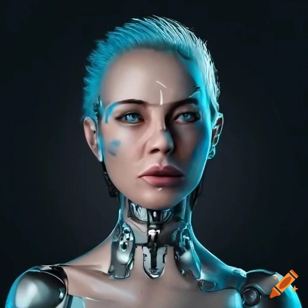 Humanoid cyborg woman with intricate mechanical details, gazing forward ...