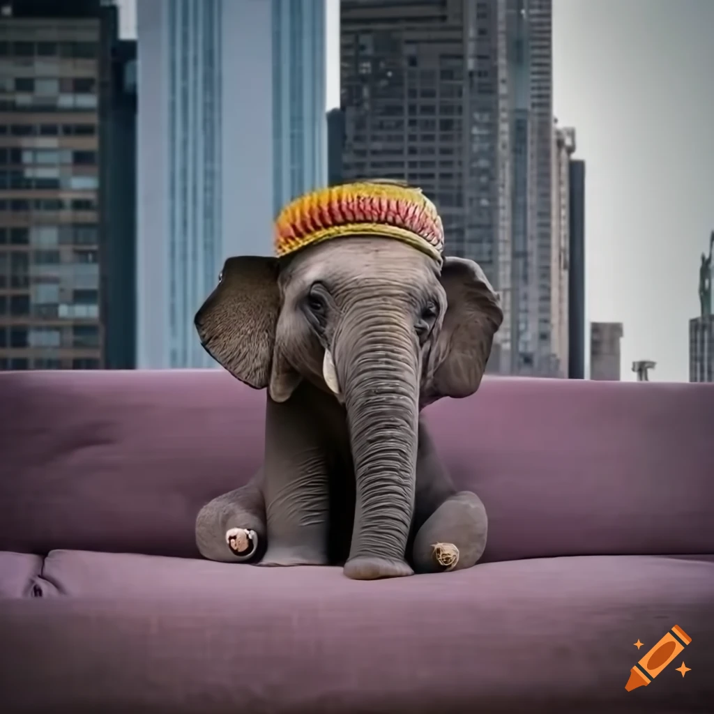 Tiny elephant with mustache and sombrero hat resting on a couch in a ...