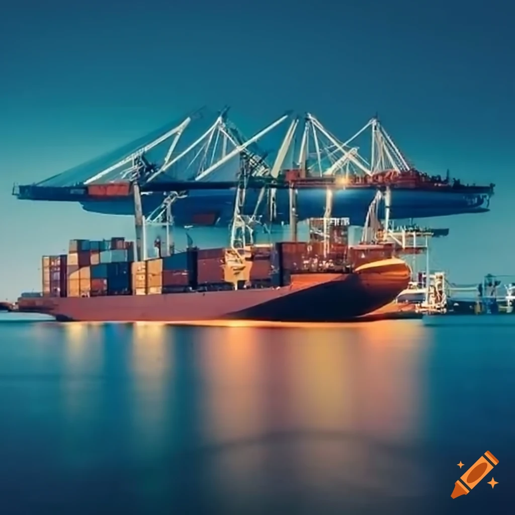 Container vessel with tugs mooring at the container terminal on Craiyon