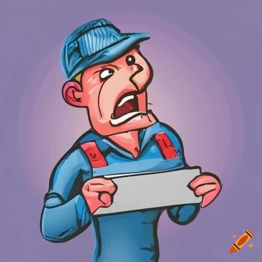 Confused plumber using a computer-tablet in a cartoon style drawing on ...