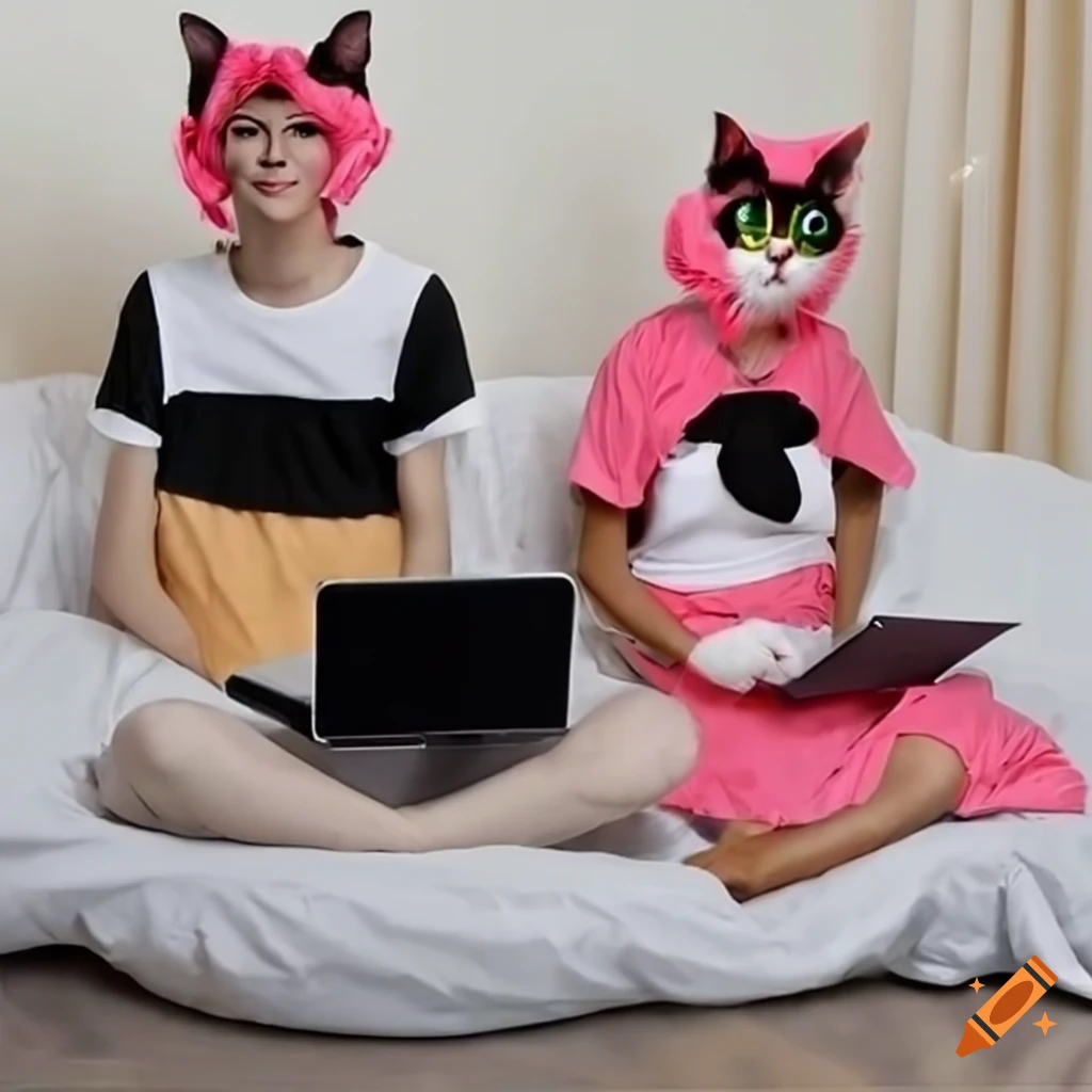 Cosplay couple as cats with laptops on a big bed on Craiyon