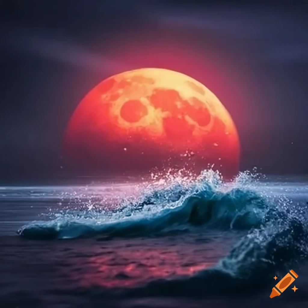 Red glowing moon crashing into stormy ocean with big waves on the shore ...