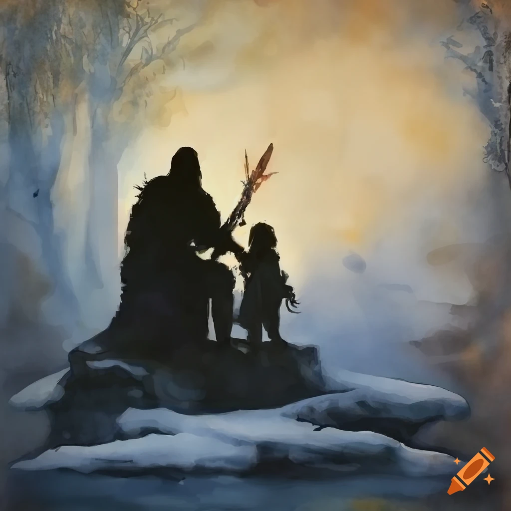 Father and son with swords and armor sitting on frozen rocks in a ...