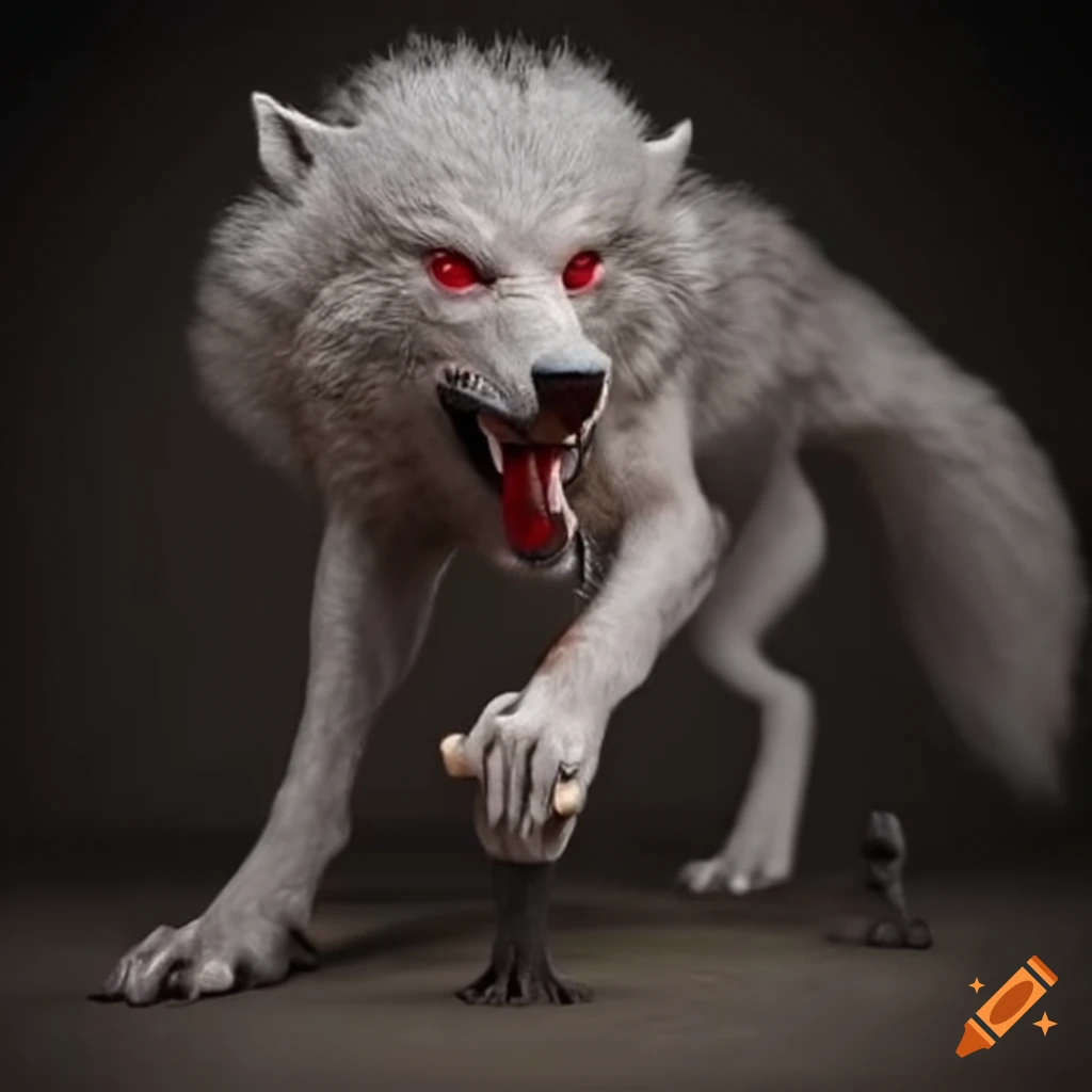 Man-wolf hybrid with red eyes and sharp teeth on Craiyon