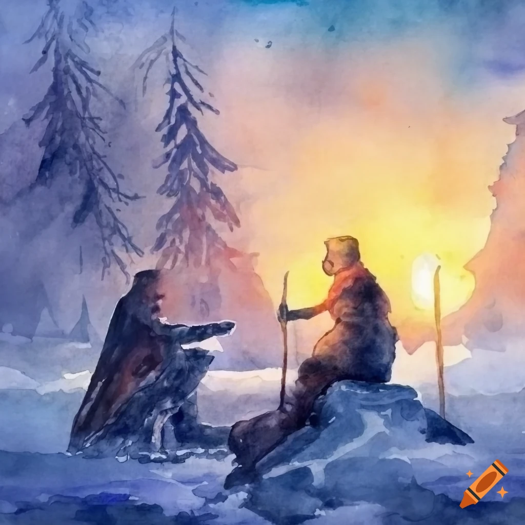 Father and son with swords on icy rocks in a peaceful winter setting on ...