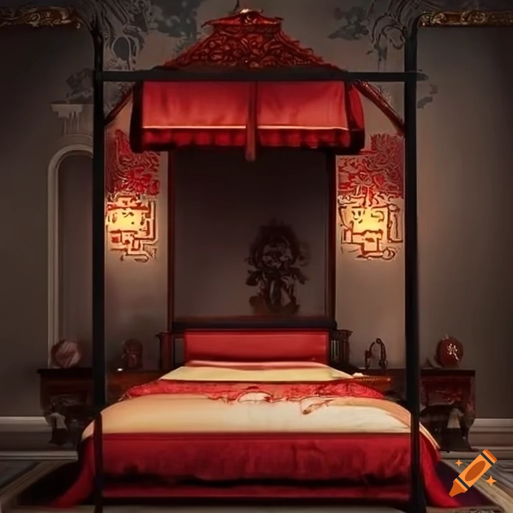 Traditional Chinese-style bedroom with canopy bed and warm lamp ...