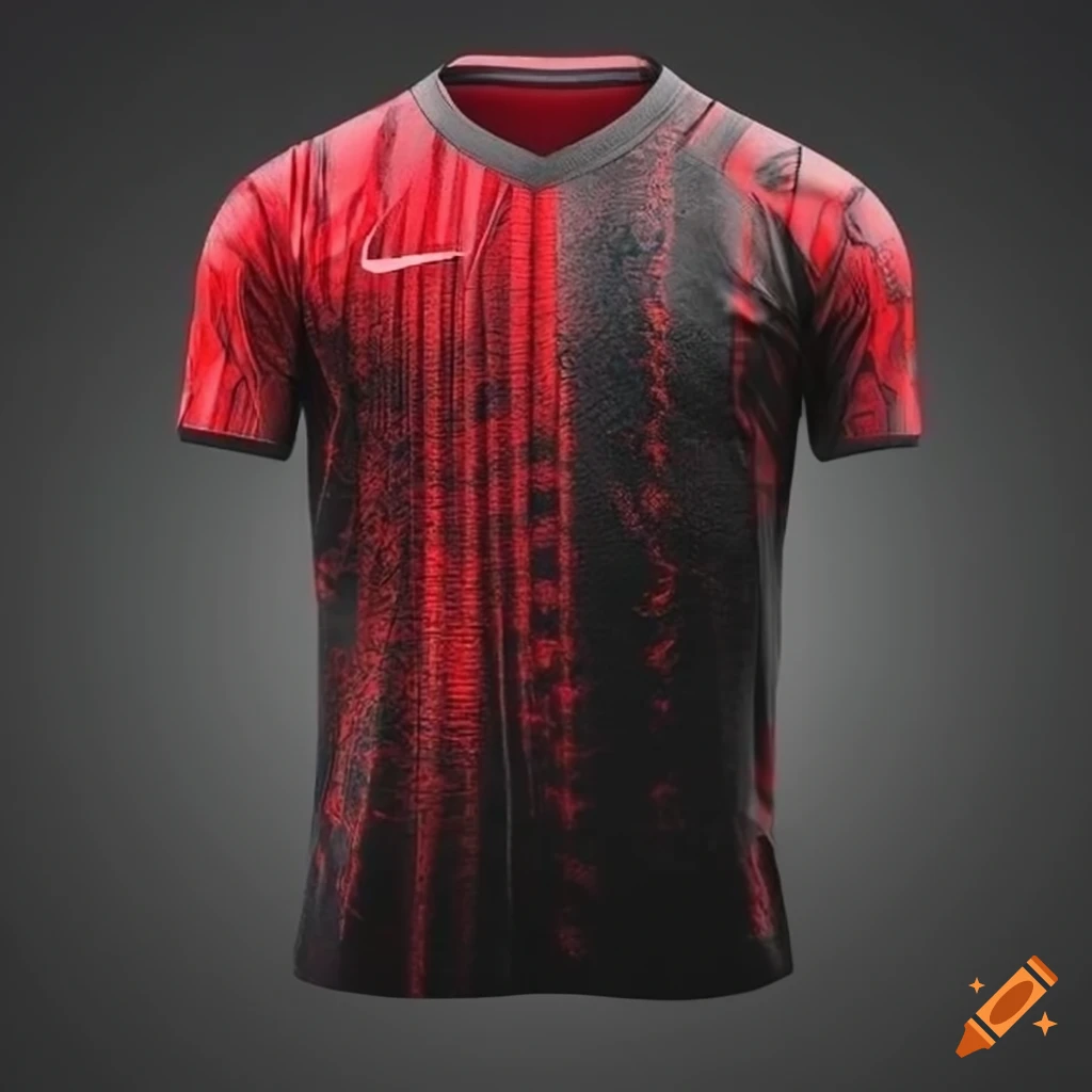 Red and black stylish soccer jersey design with bold patterns on Craiyon