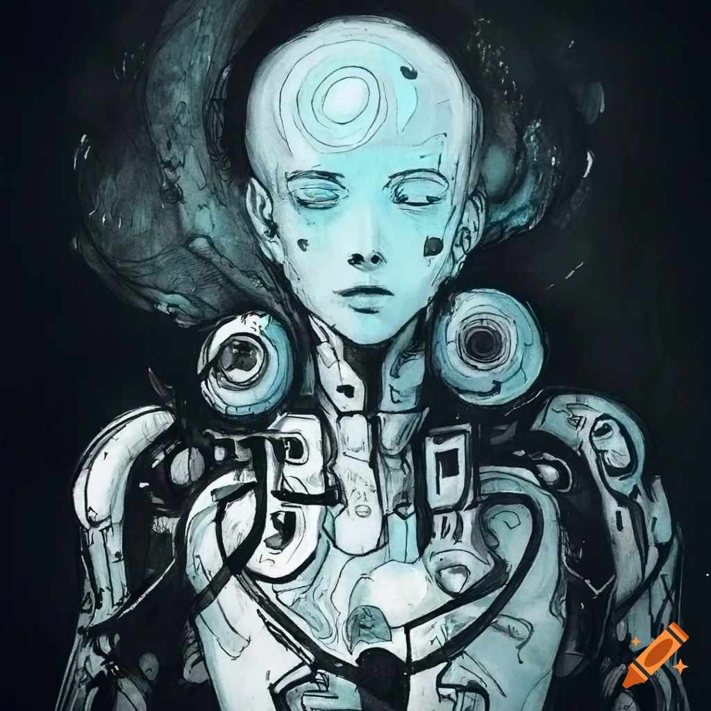 Shimmering high-tech male cyborg in black ink inspired by yoshitaka ...