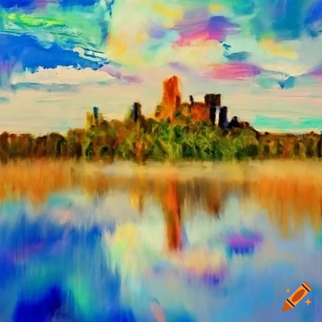 Monet-style impressionist landscape with a river town and castle on Craiyon