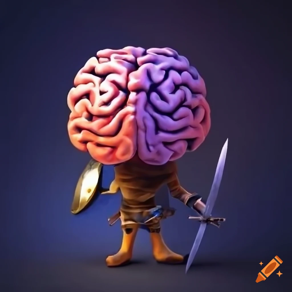 Small brain with sword and shield showing determination on Craiyon