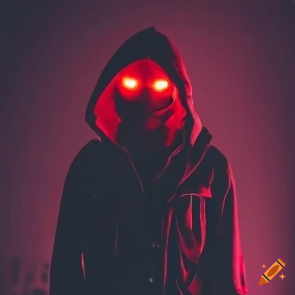 Mysterious hooded figure with glowing red eyes at a dark bus stop on Craiyon