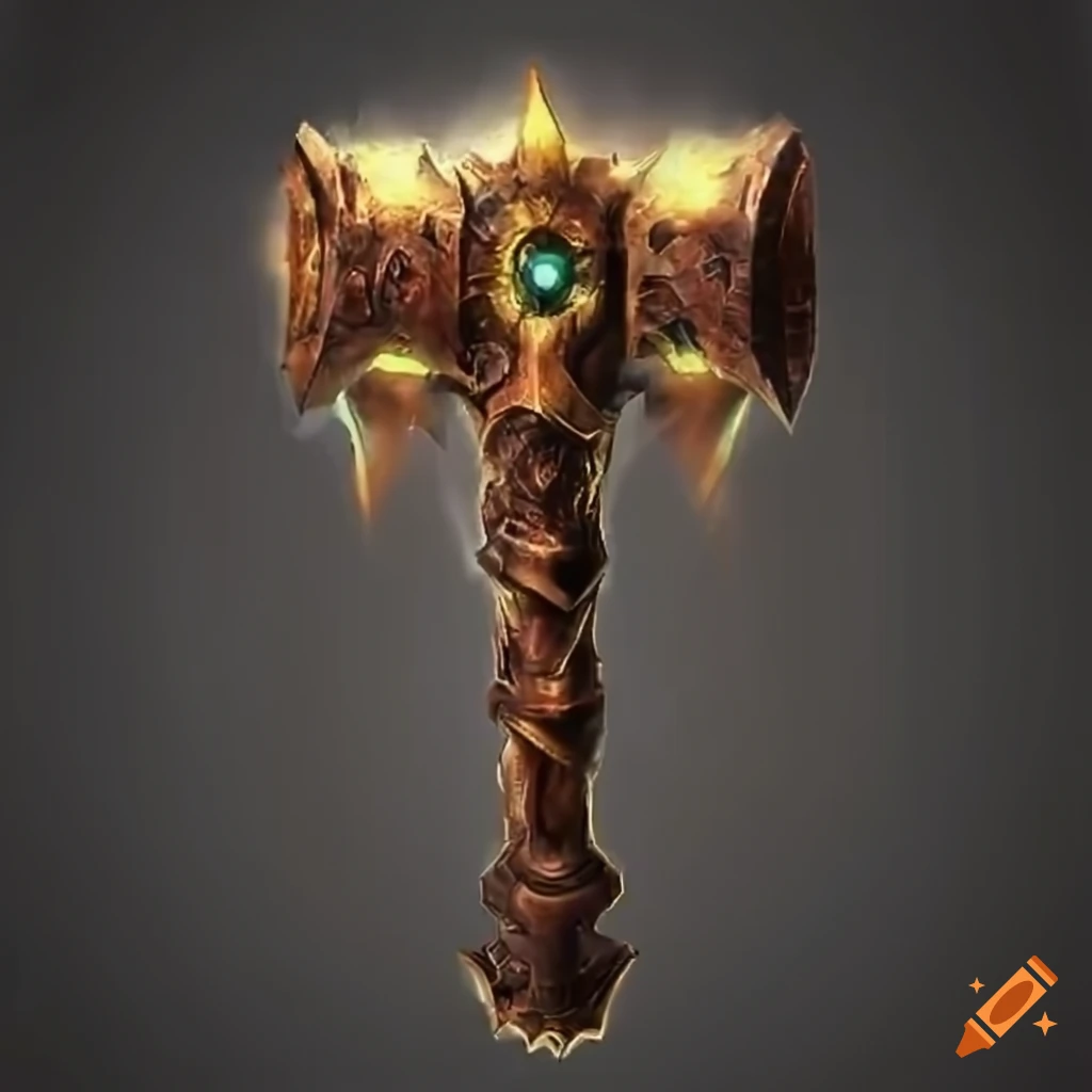 Powerful battle-worn hammer emitting divine heat and energy in bronze ...