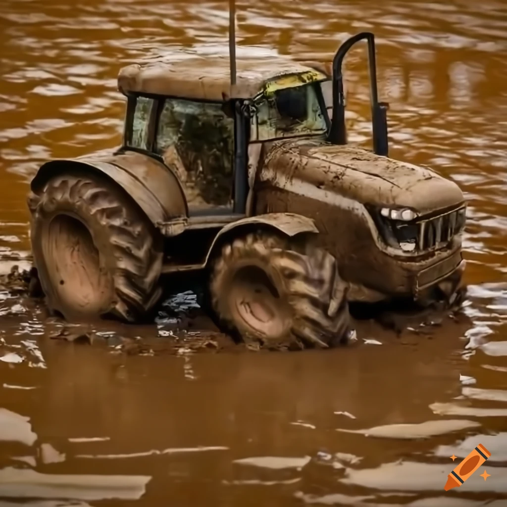 Tractor stuck in knee-deep mud under daylight in high resolution on Craiyon