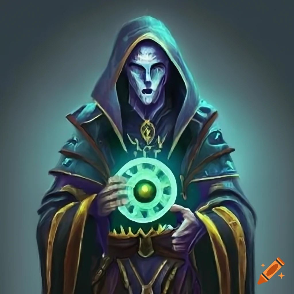 Close-up of a time wizard holding a staff and a golden clock circle on ...