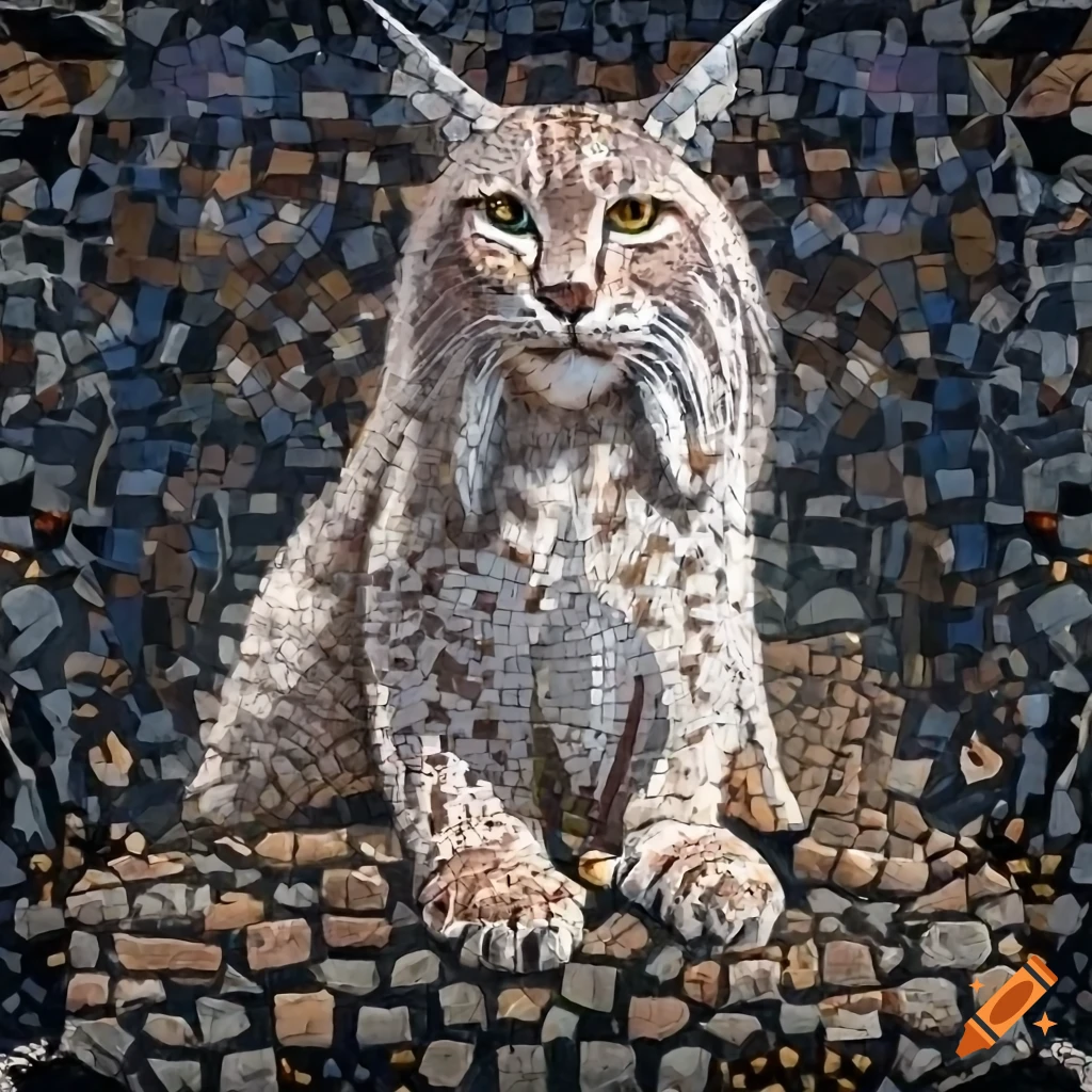 White lynx with a huge mane depicted in a wall mosaic surrounded by ...