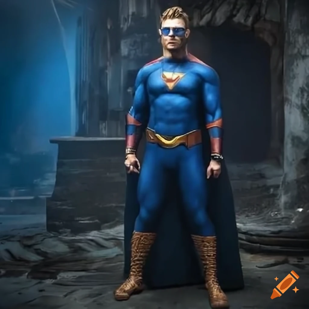 Blue superhero resembling chris pratt and chris hemsworth entering a ...