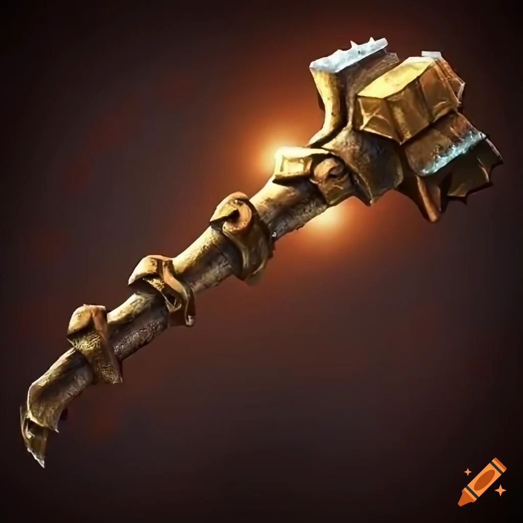 Powerful battle-worn hammer emitting divine heat and energy on Craiyon