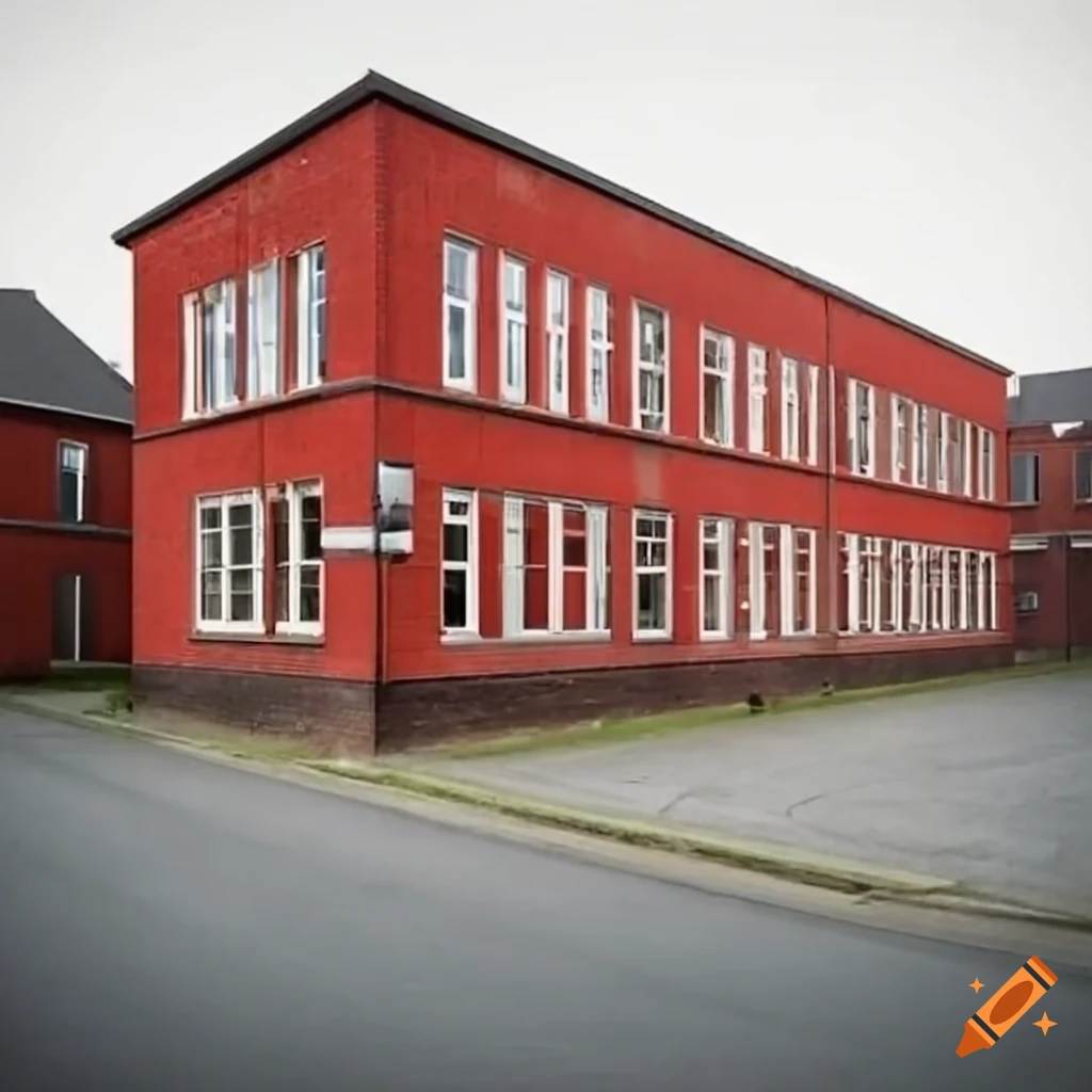 Grey and brown two-storey school buildings with a red accent and a yard ...