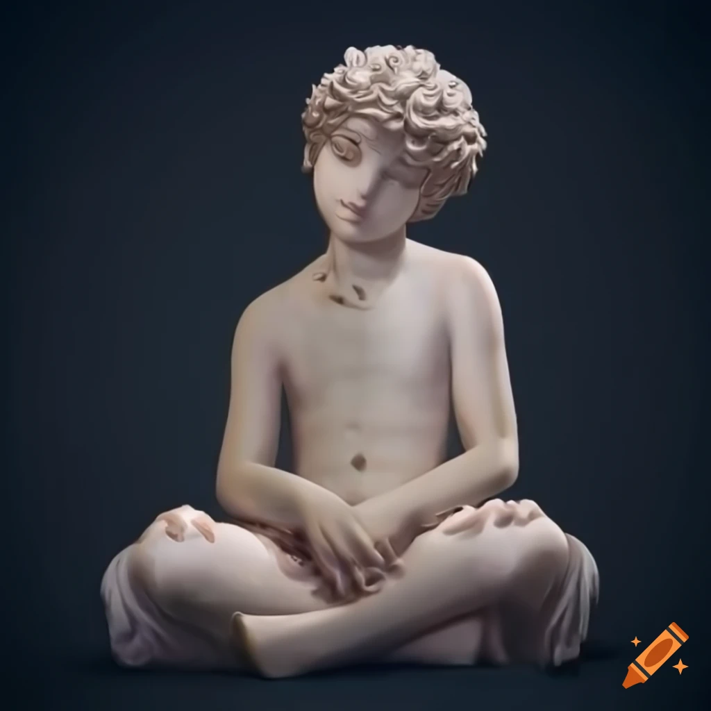 Sad boy with purple eyes sitting on crescent moon in Greek attire on ...