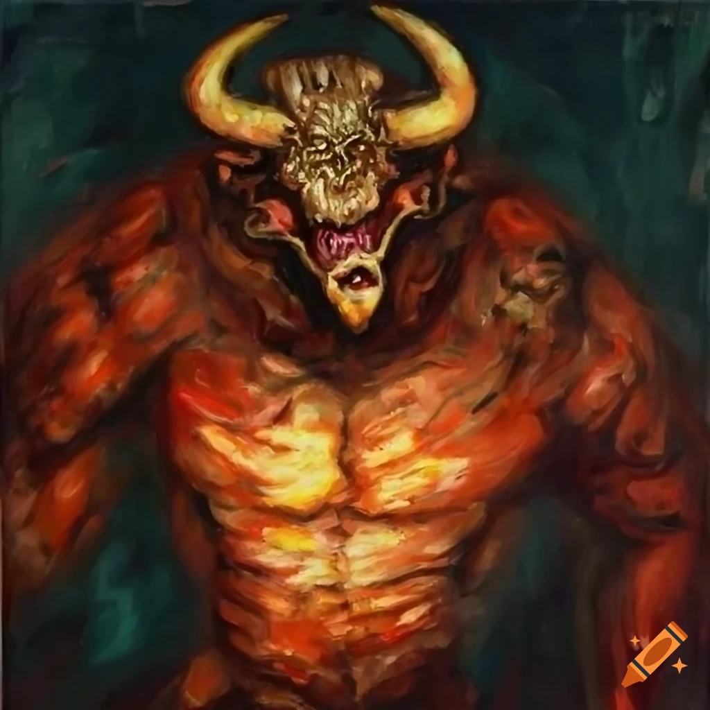 The Bull Demon from Doom 64 in an oil painting style on Craiyon