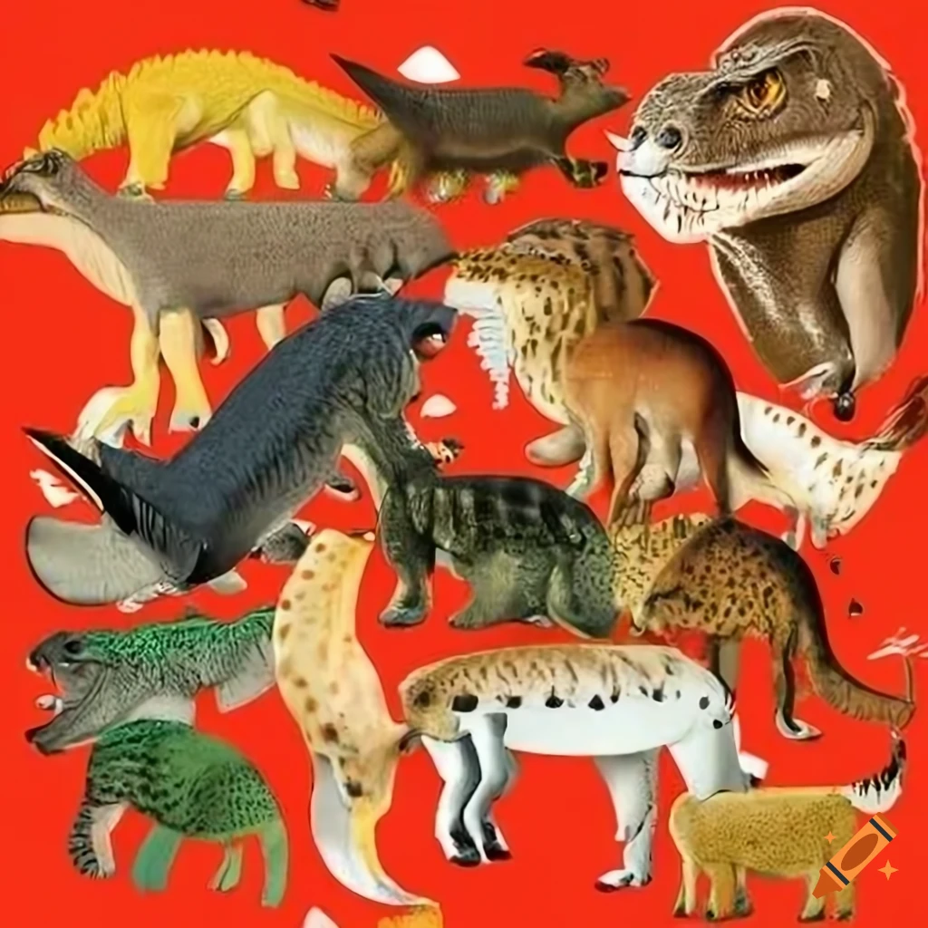 Collage of different prehistoric animals from around the world on Craiyon