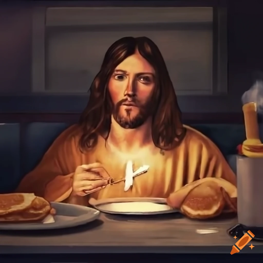 Artistic scene of Jesus Christ at a diner reminiscent of The Last ...