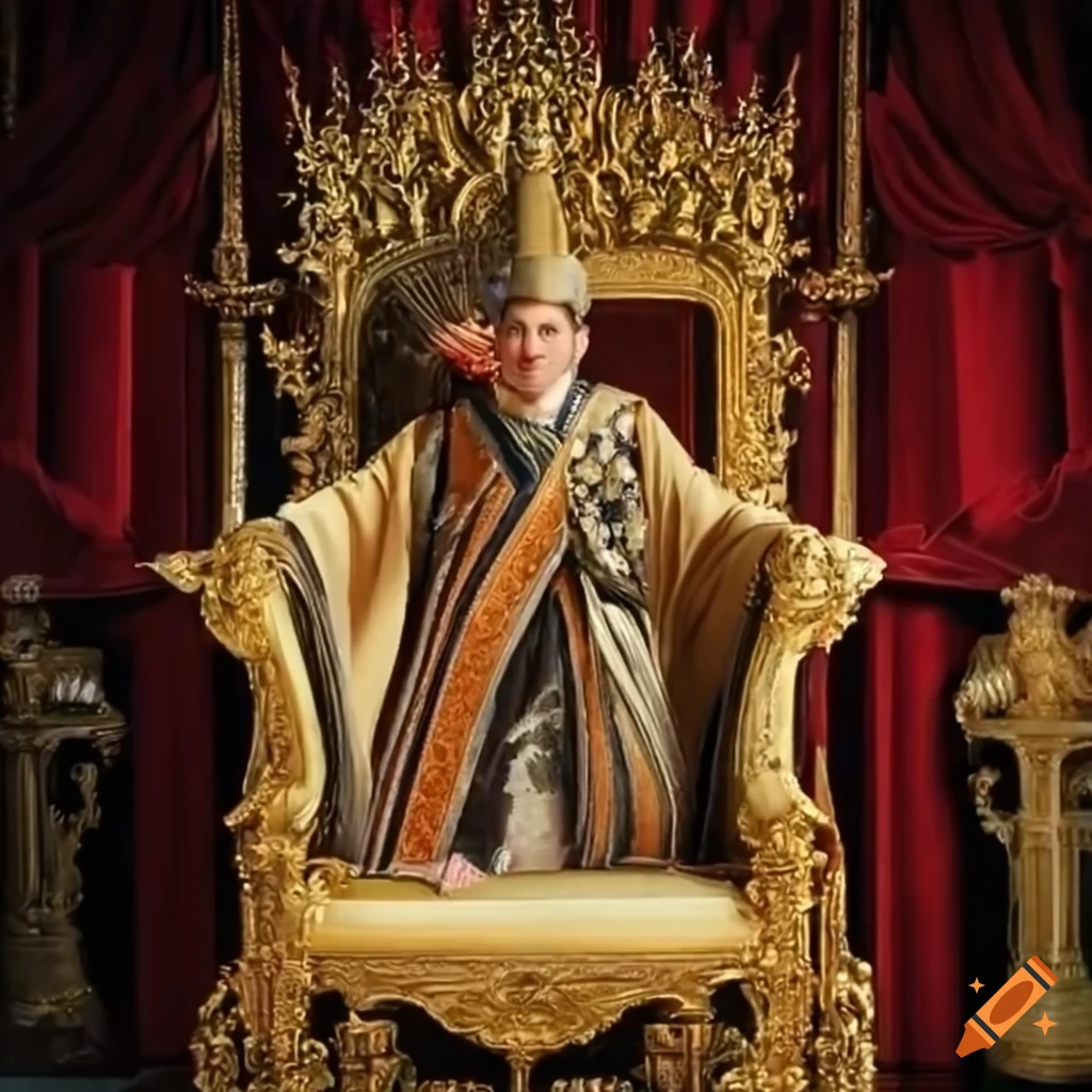 Elegantly dressed monarch sitting on a majestic throne on Craiyon