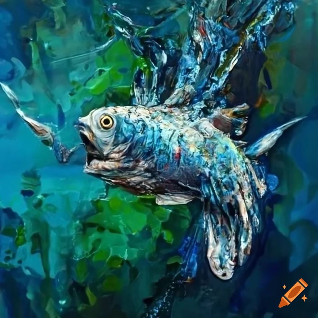 Fish drowning in plastic in an impasto style on Craiyon