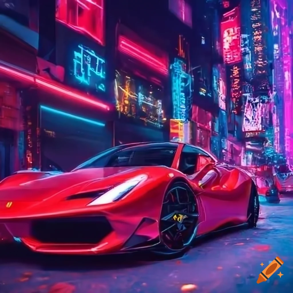Red Ferrari in a futuristic Cyberpunk City with neon lights on Craiyon