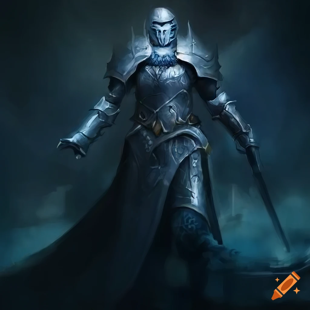 Blue plasmoid cleric in full armor with dramatic lighting in an intense ...