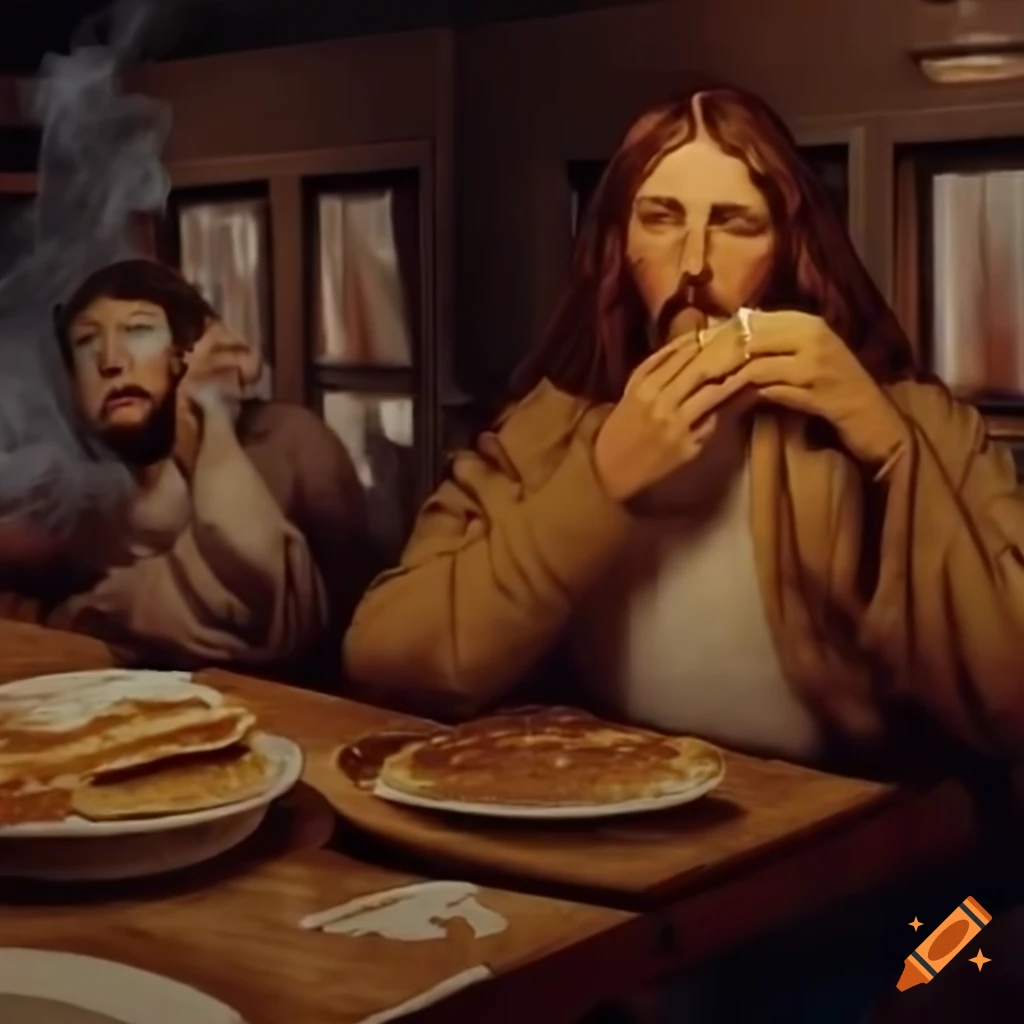Artistic scene of Jesus Christ at a diner reminiscent of The Last ...