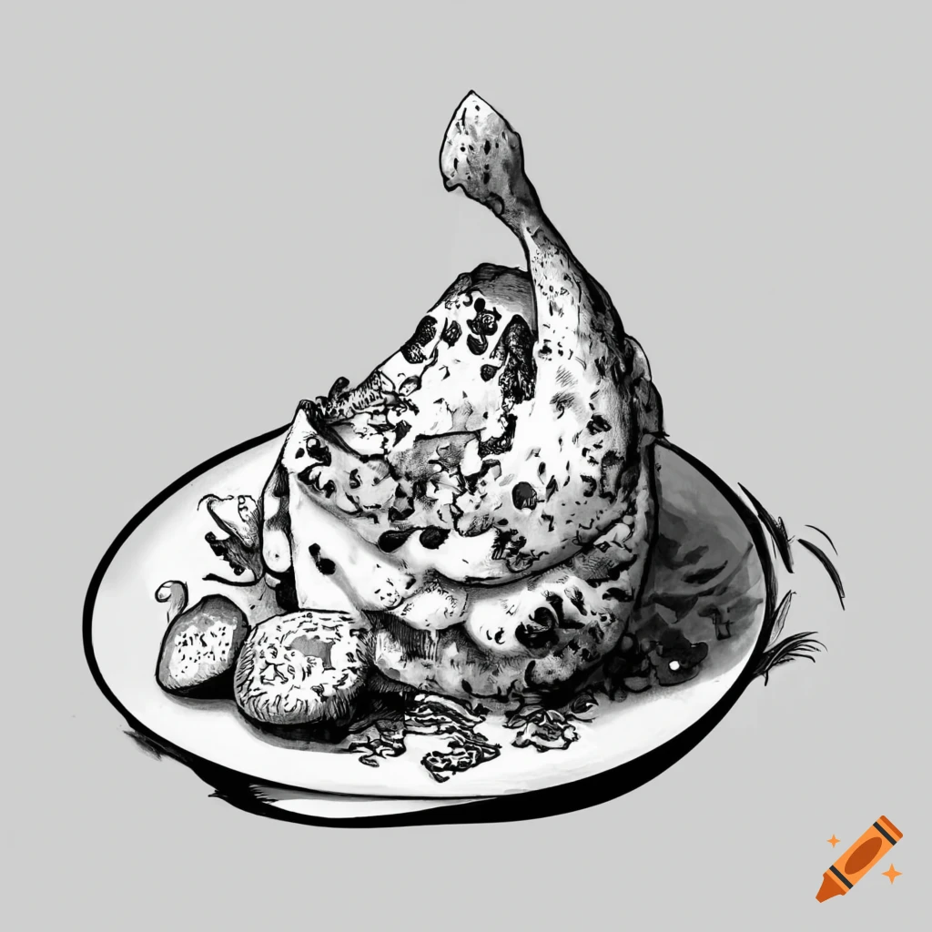 Chicken stuffed with mushrooms and cheese in black and white drawing on ...