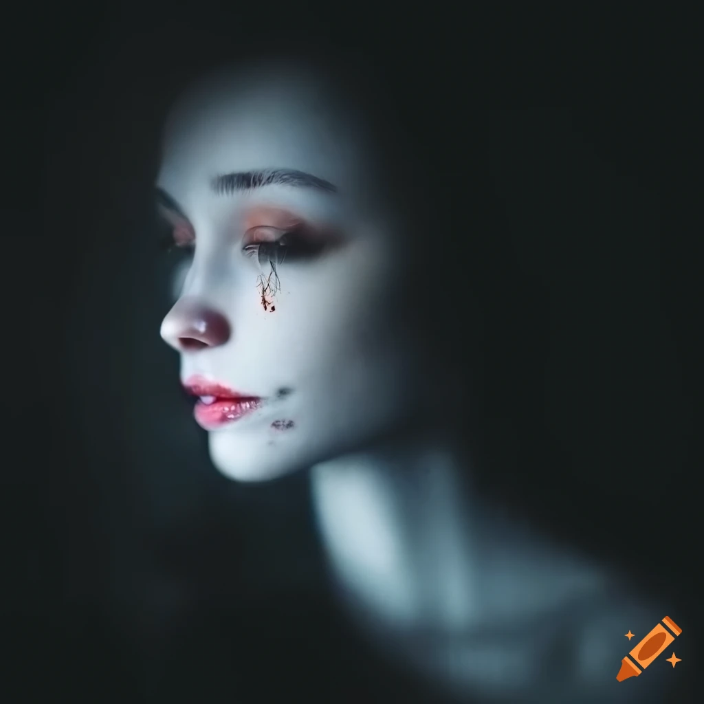 Realistic photo of a woman with a pure white eye, looking sad and numb ...