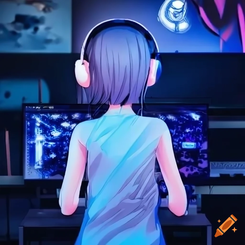 Anime girl playing a game on PC with headphones on Craiyon