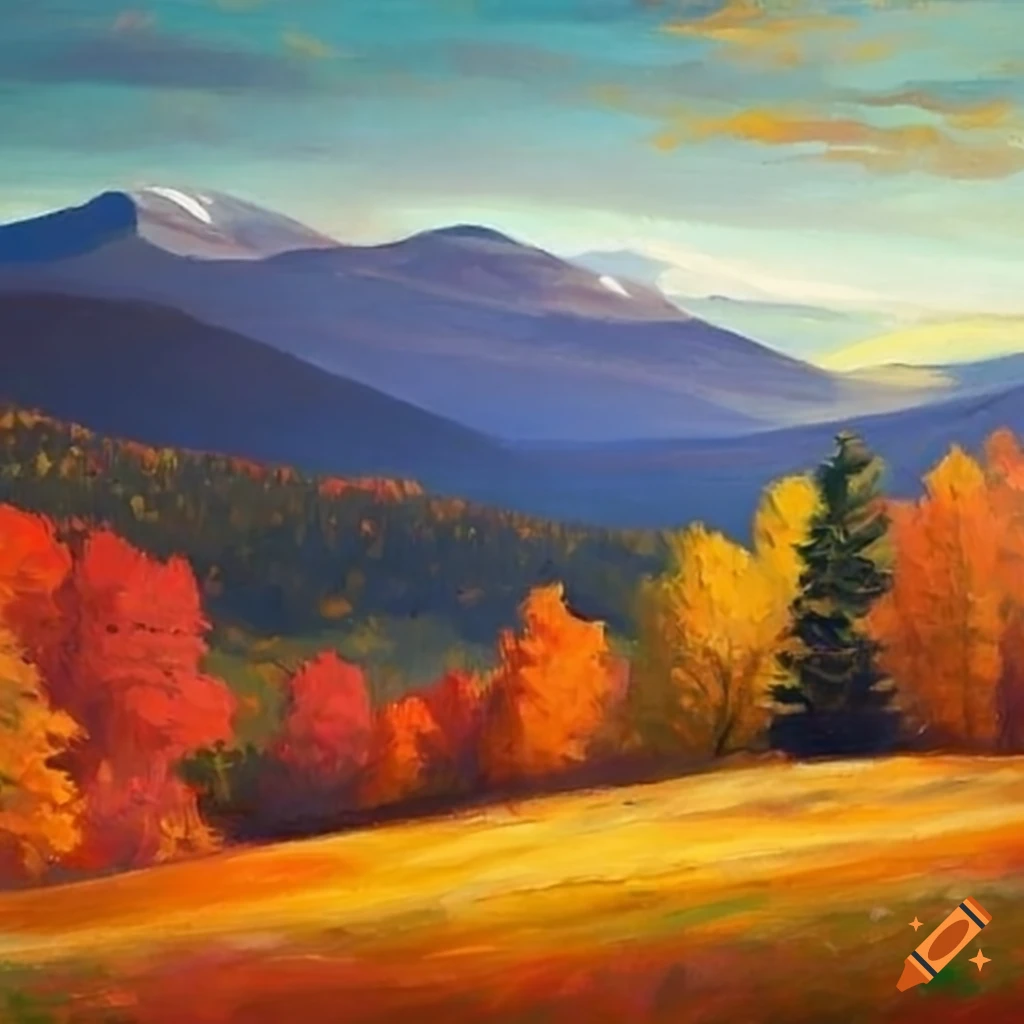 New England fall landscape with rolling hills, maple tree forest, and ...