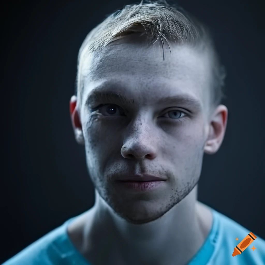 Closeup of a handsome pale male with freckles dressed in blue on Craiyon