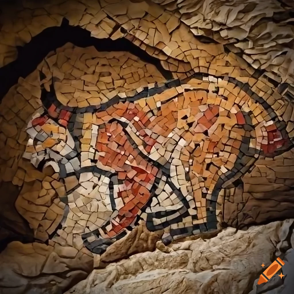 Simple cave mosaic of long-haired lynx in prehistorical art style on ...