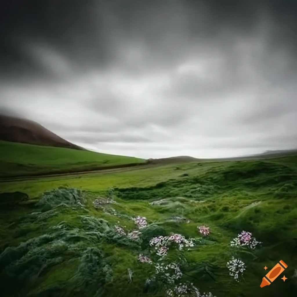 Desolate british landscape with a small growing flower amidst ruins on ...