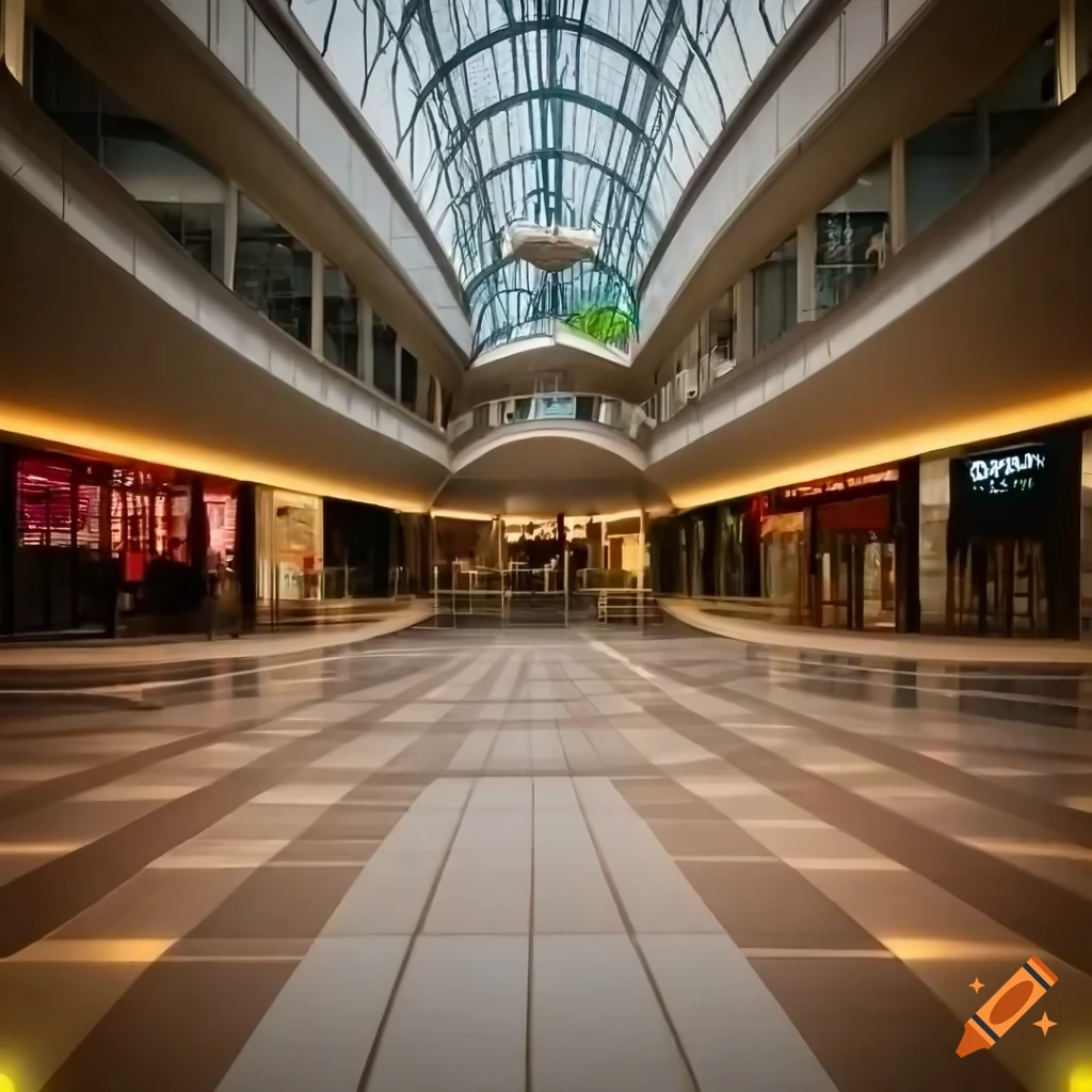 Empty shopping mall atrium with children's play area in natural light ...