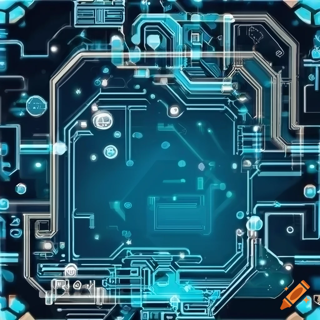 Digital top-down landscape with intricate circuits and network details ...
