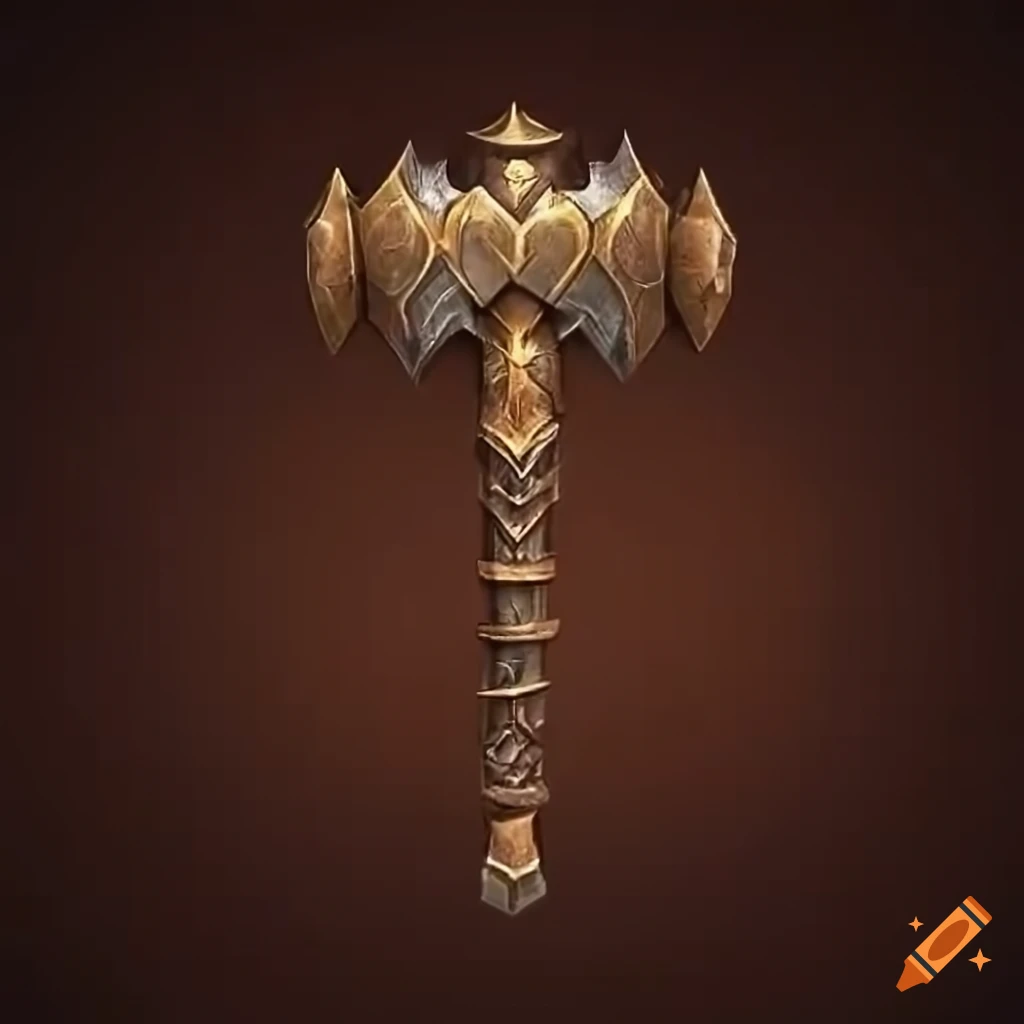Powerful battle-worn hammer emitting divine energy in bronze and gold tones on Craiyon