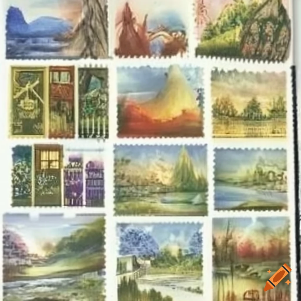Set of fantasy landscapes for 4 seasons stamp stickers on ebay on Craiyon