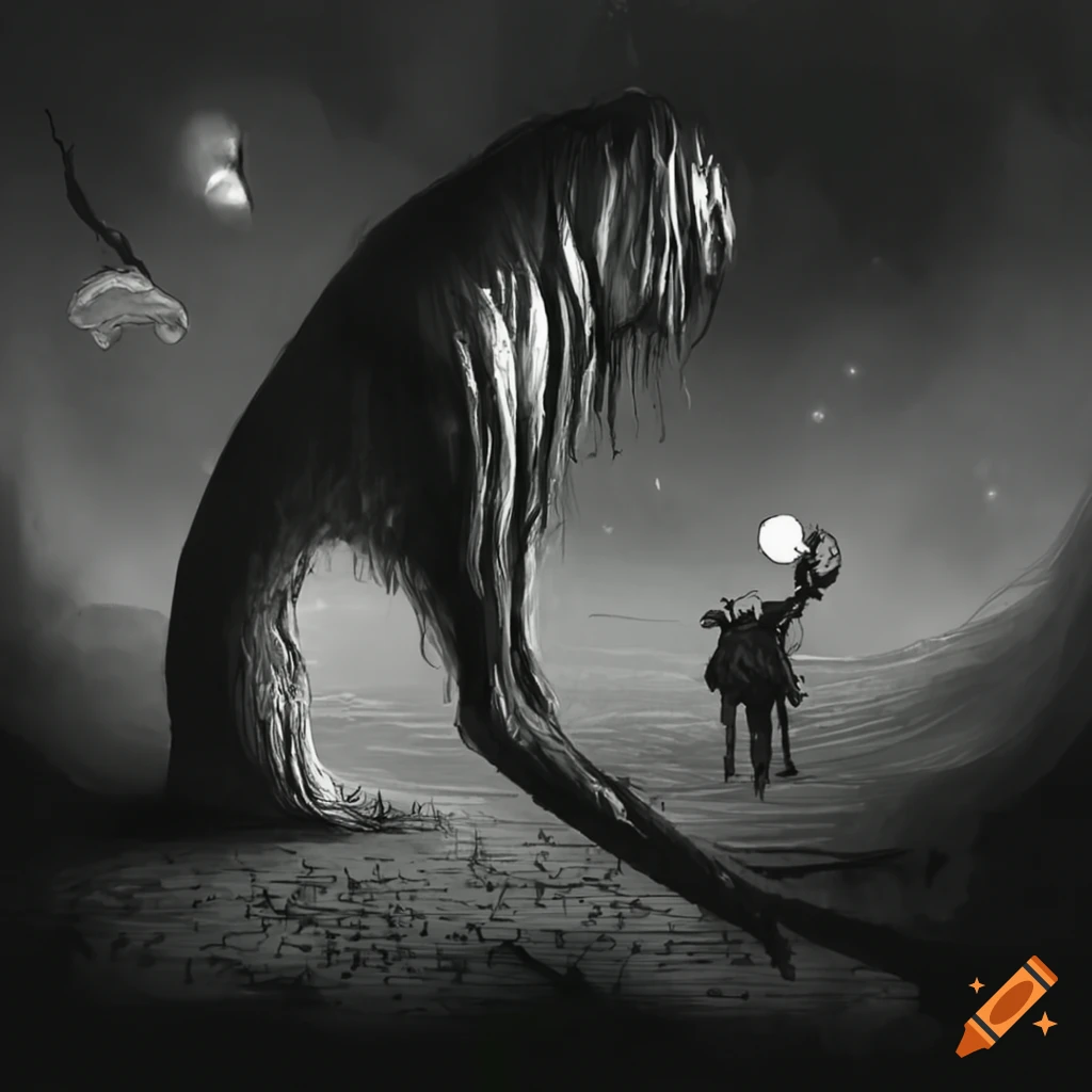 Creepy black and white sketch of a tortured soul in a surreal dream ...