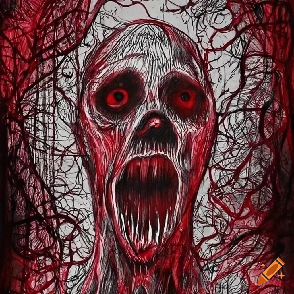 Intricate black, red, and white ink drawing of a tormented ghost with ...