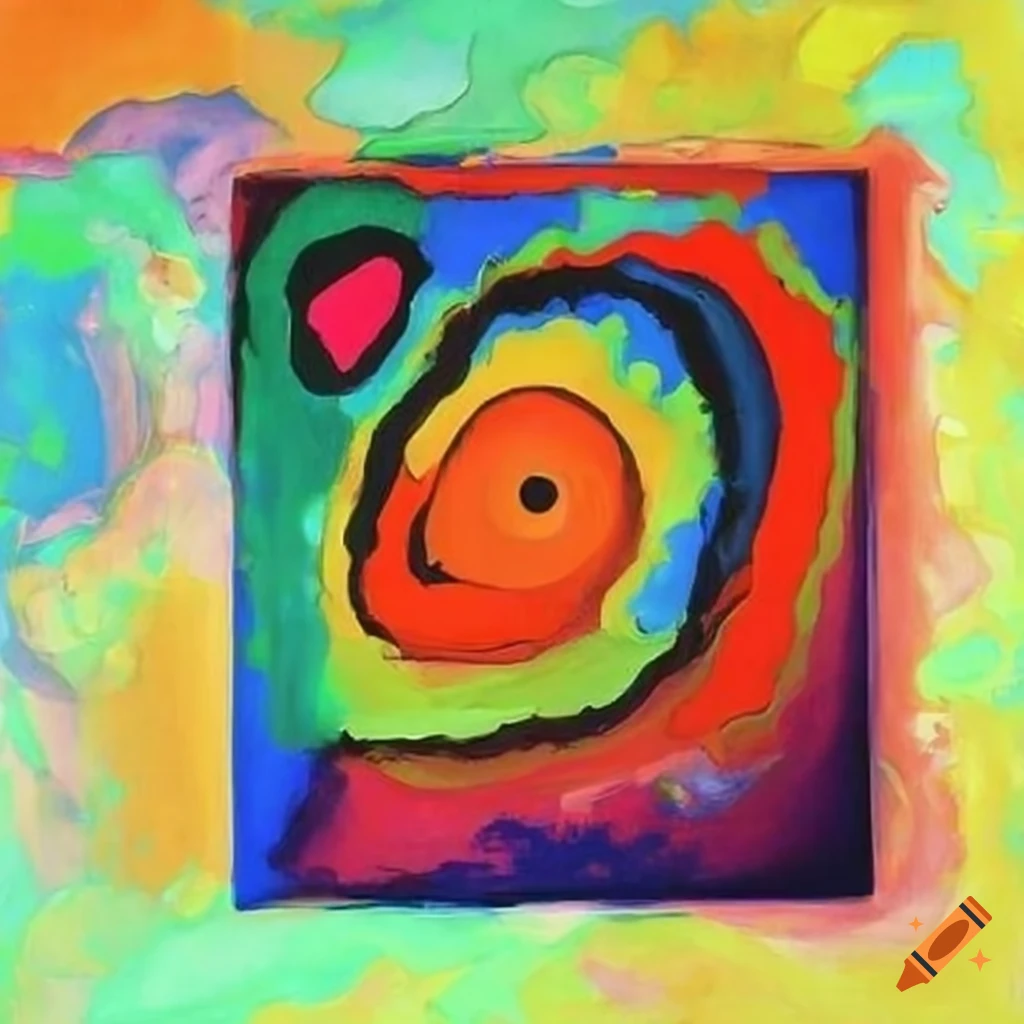 Colorful painting by wassily kandinsky and karel appel with a standing ...