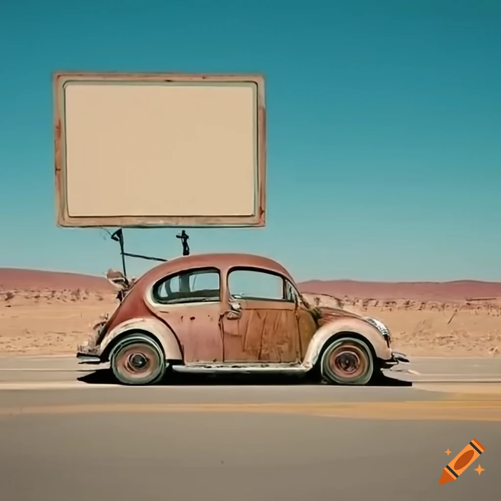 Distressed 1960s Volkswagen Beetle below a retro desert billboard on a ...