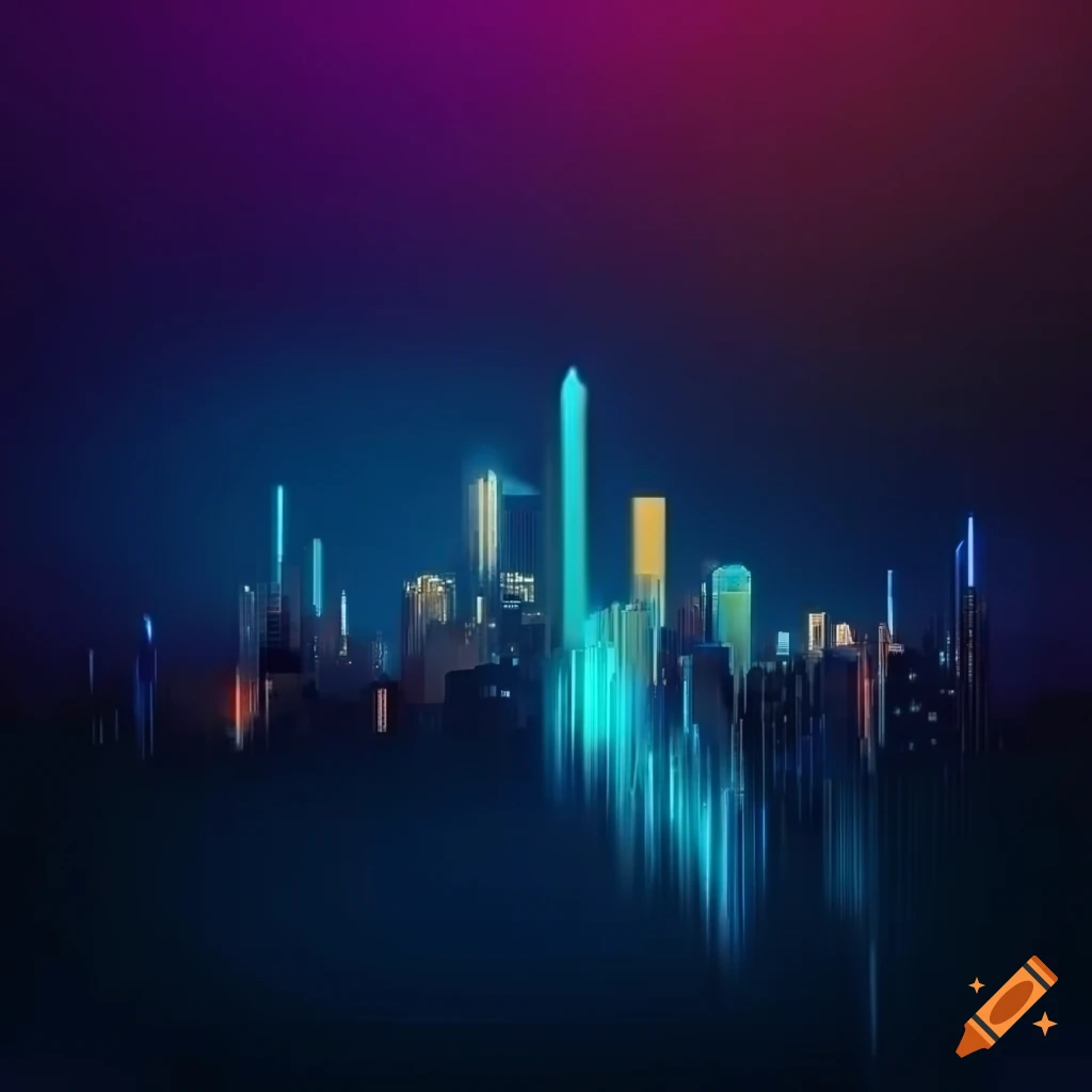 Abstract digital landscape of a vibrant city skyline with tech overlays ...