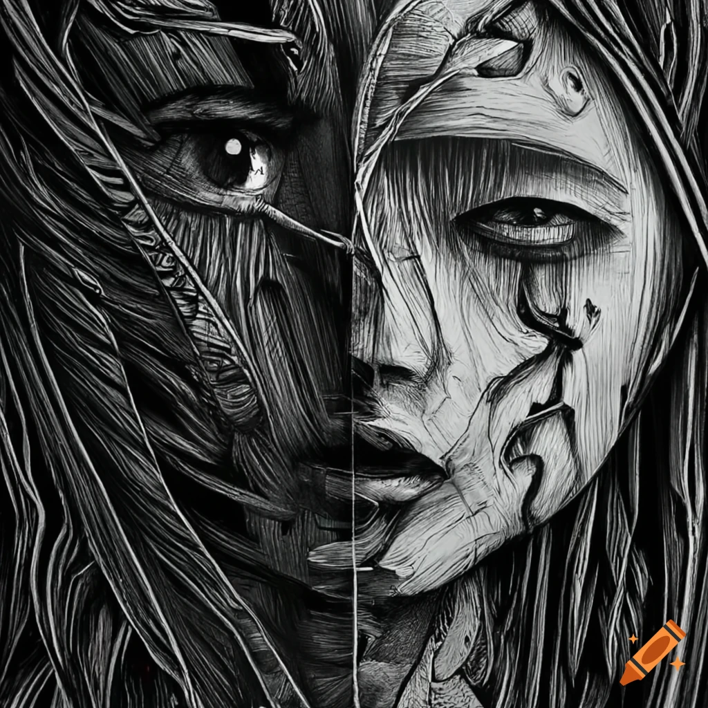 Abstract pencil drawing depicting agonizing paranoia in wood engraving ...