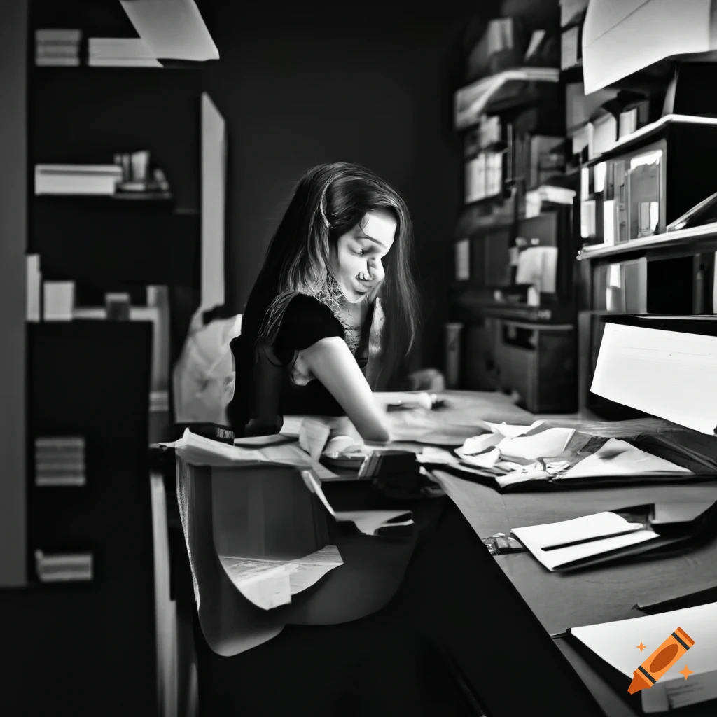 Focused professional in cluttered office with papers and malfunctioning ...