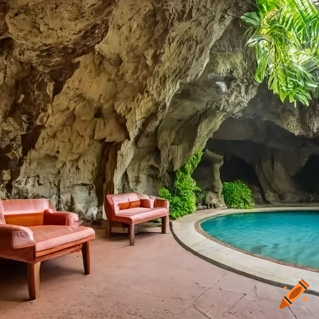 Interior of a cave with terracotta-colored furniture and a swimming ...